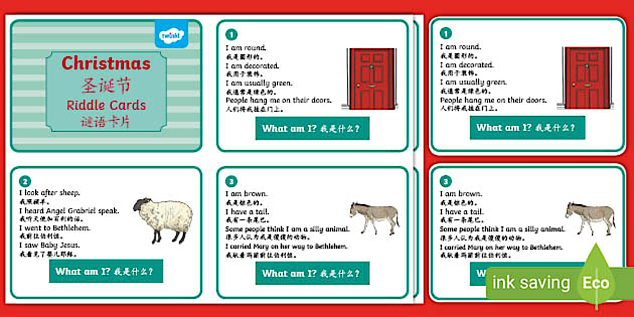 Christmas Riddle Cards - English/Mandarin Chinese - Twinkl
