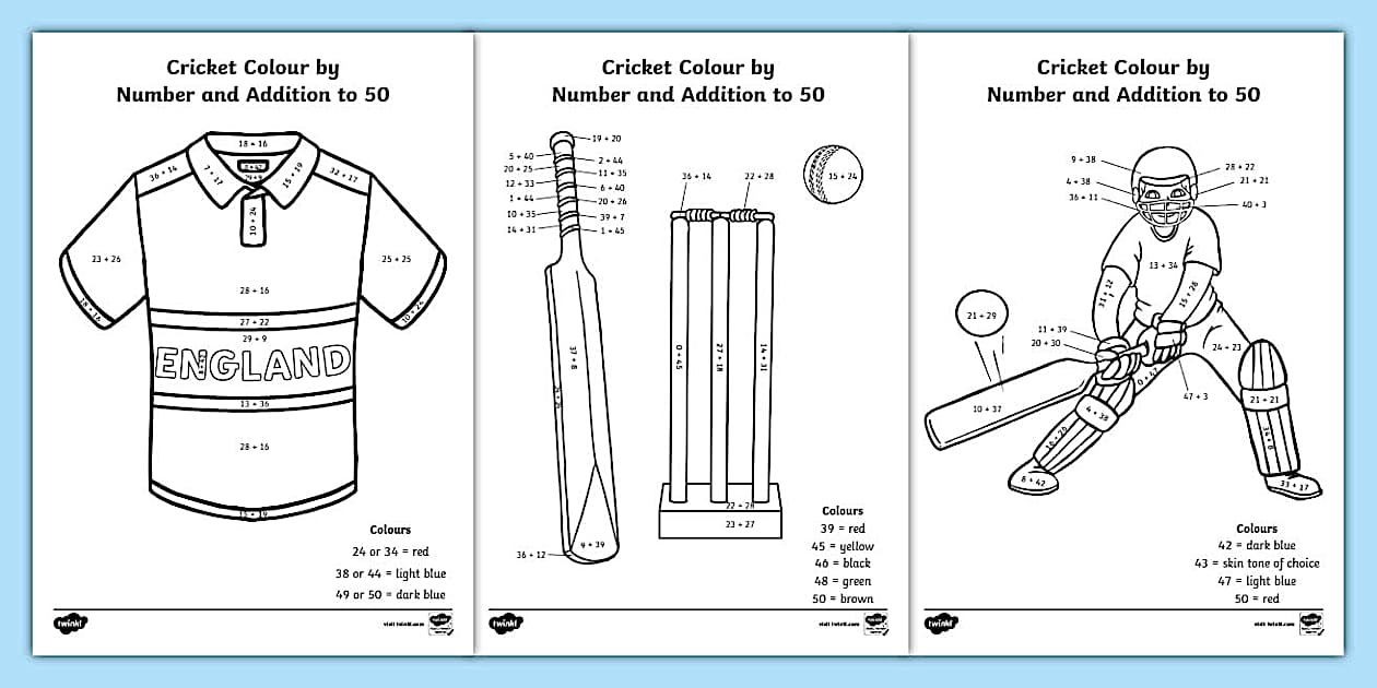 Cricket-Themed Addition to 50 Colour by Number Activity Sheets