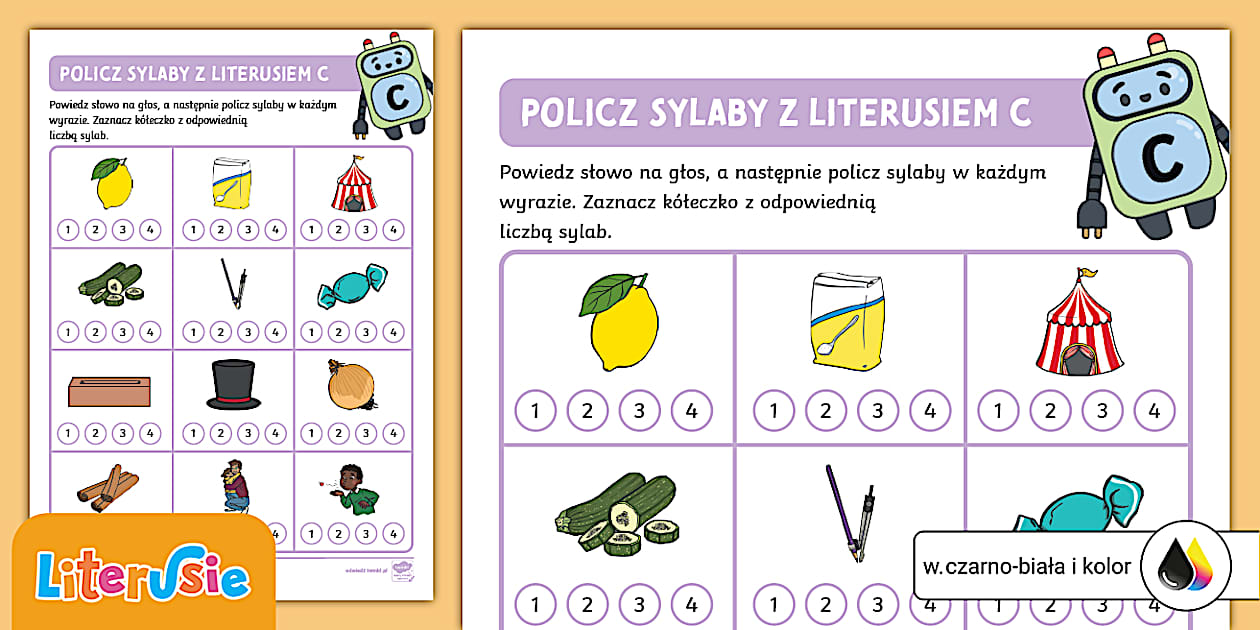 Literuś C | Policz sylaby w wyrazach na C | Karta pracy