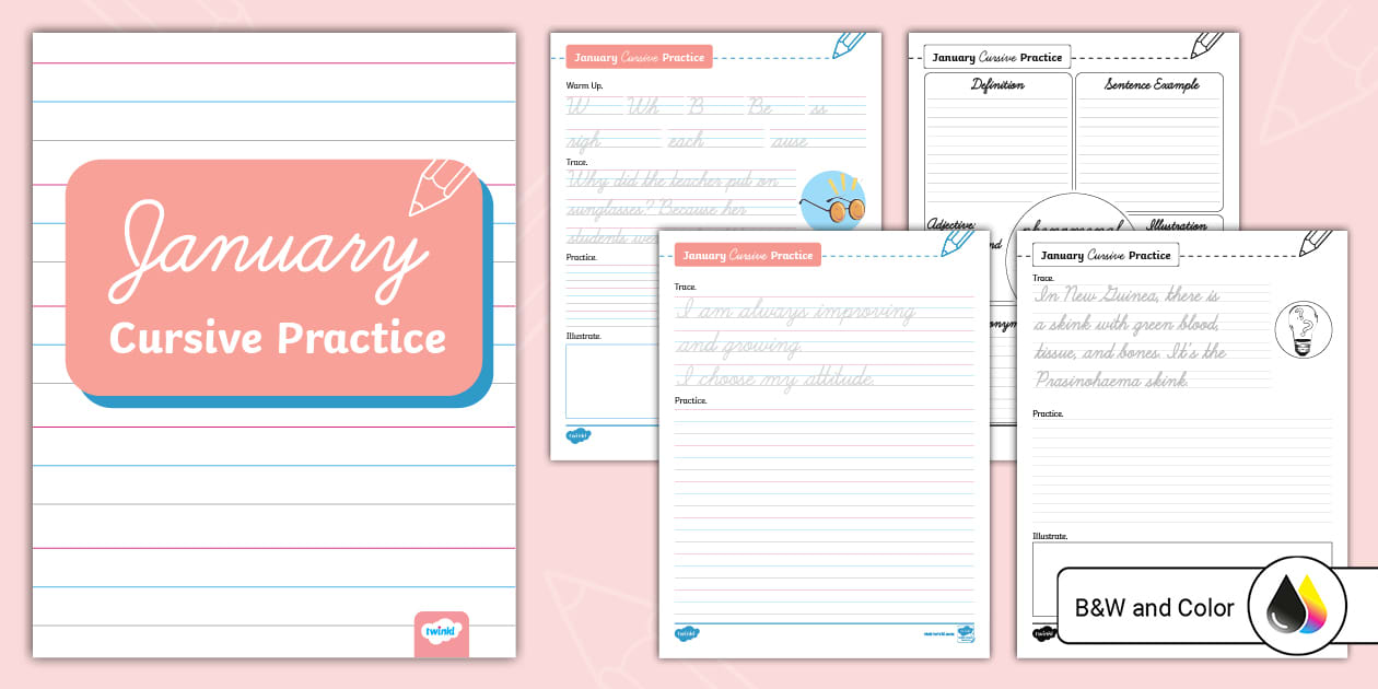 Fourth Grade January Cursive Practice Bundle (teacher made)
