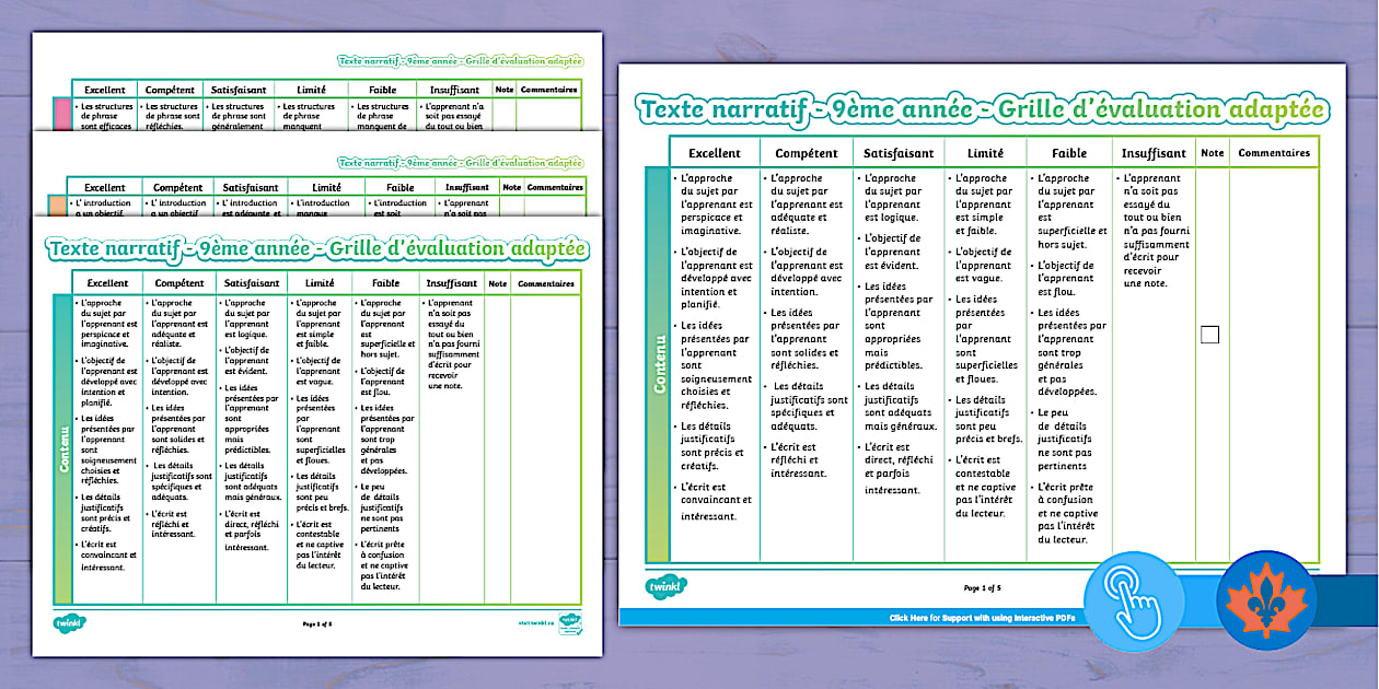AB Achievement Test Rubric Narrative Writing Grade 9 French
