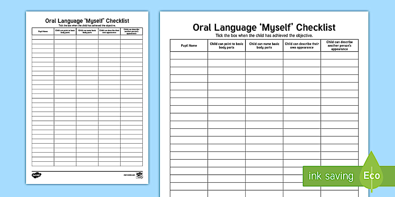 Editable Myself Oral Language Checklist (teacher made)
