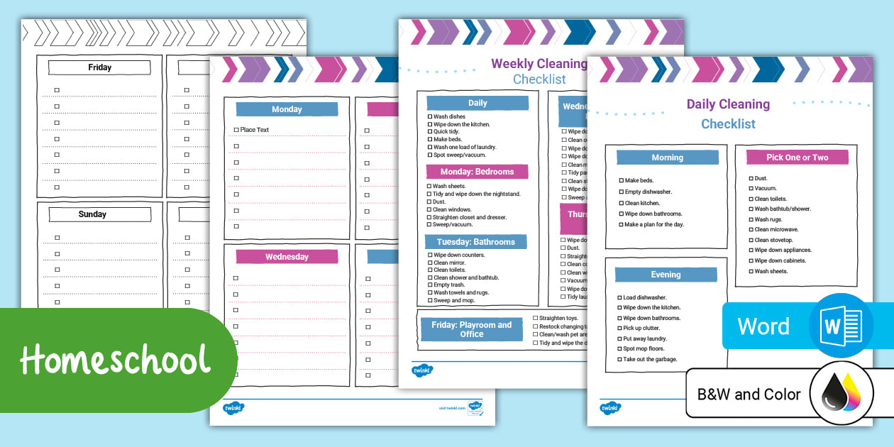 Editable Household Cleaning Chores Checklists for Homeschool