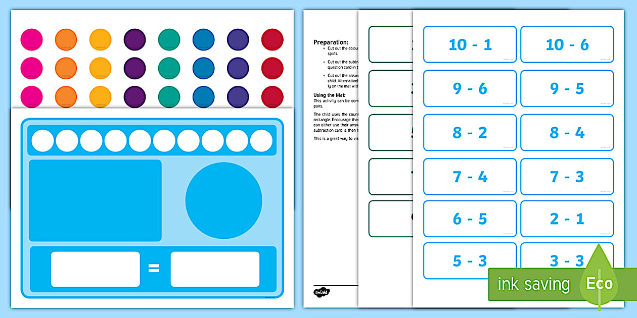 Subtraction within 10 using Counters Activity Maths Mat