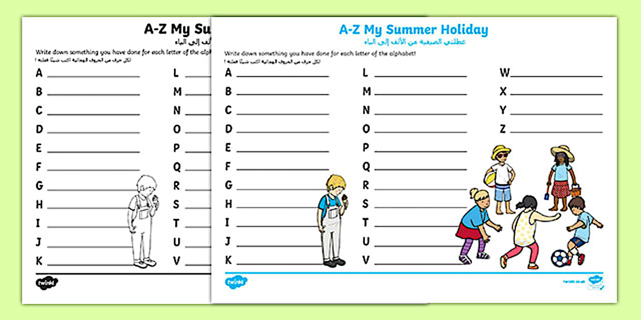 Black and White A Z My Summer Holiday Writing Frame Arabic Translation