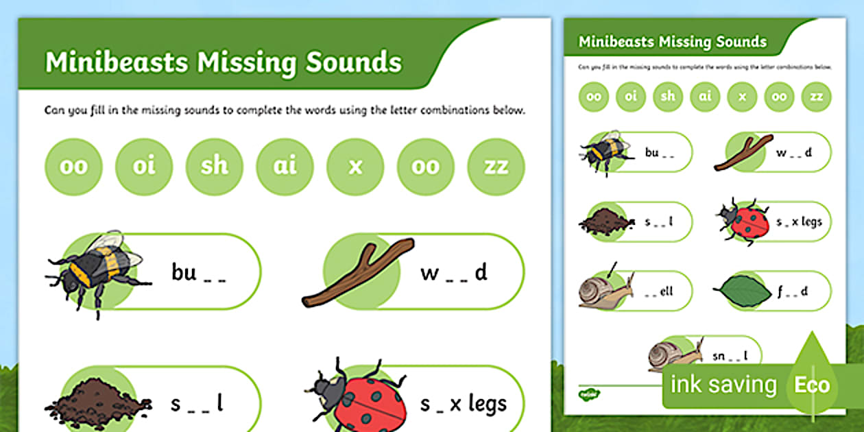 Black and White Minibeast Missing Sounds Worksheet - Twinkl