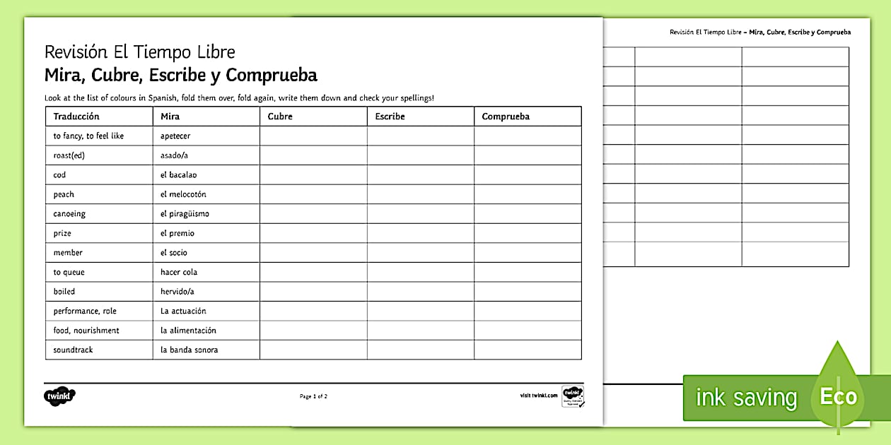 Free Time Look Cover Write and Check Worksheet / Worksheet Spanish