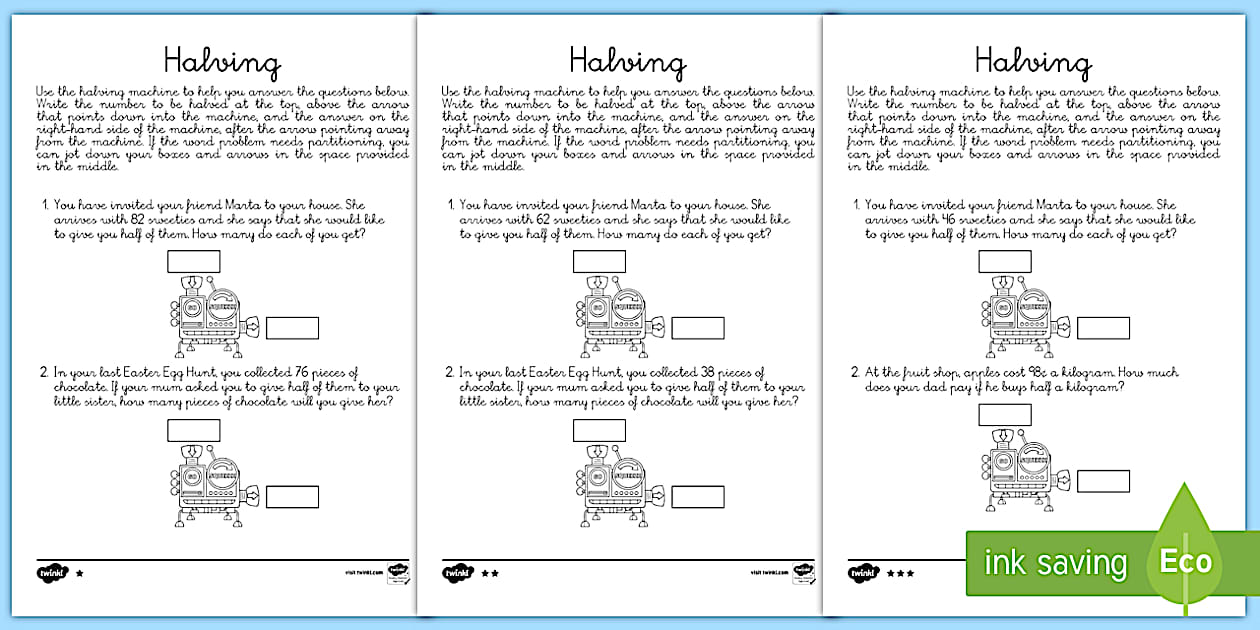 Middle Ability Differentiated Halving Worksheets - Twinkl