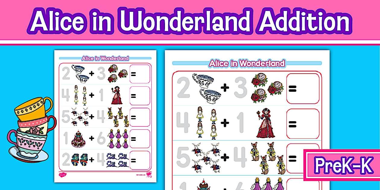 Alice in Wonderland Trace, Count, and Add to 9 Worksheet