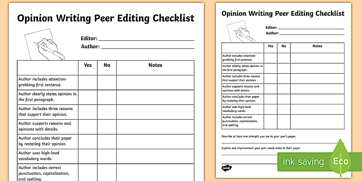 Editable Peer Editing Checklist: Opinion Writing for 3rd-5th Grade