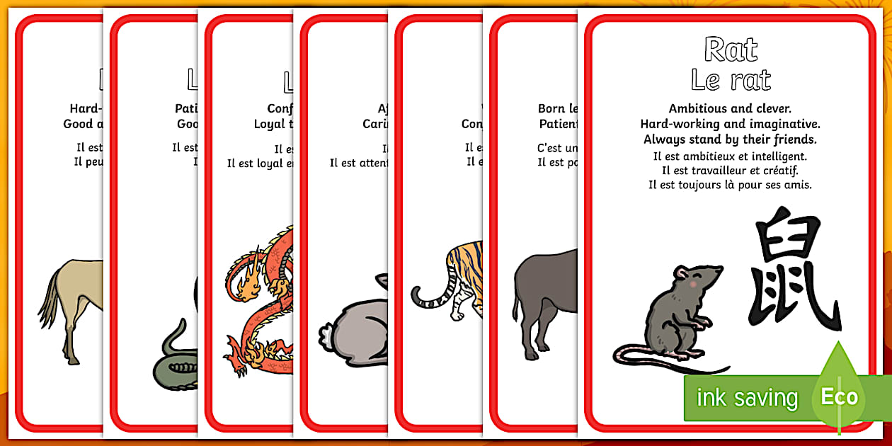 Chinese New Year Zodiac Animal Characteristics Poster English/French