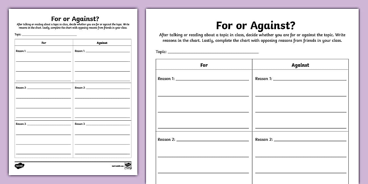For or Against Worksheet for 6th-8th Grade