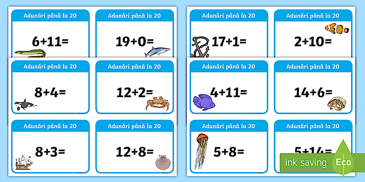 Adunări în concentrul 0 20 Cartonașe (teacher made)