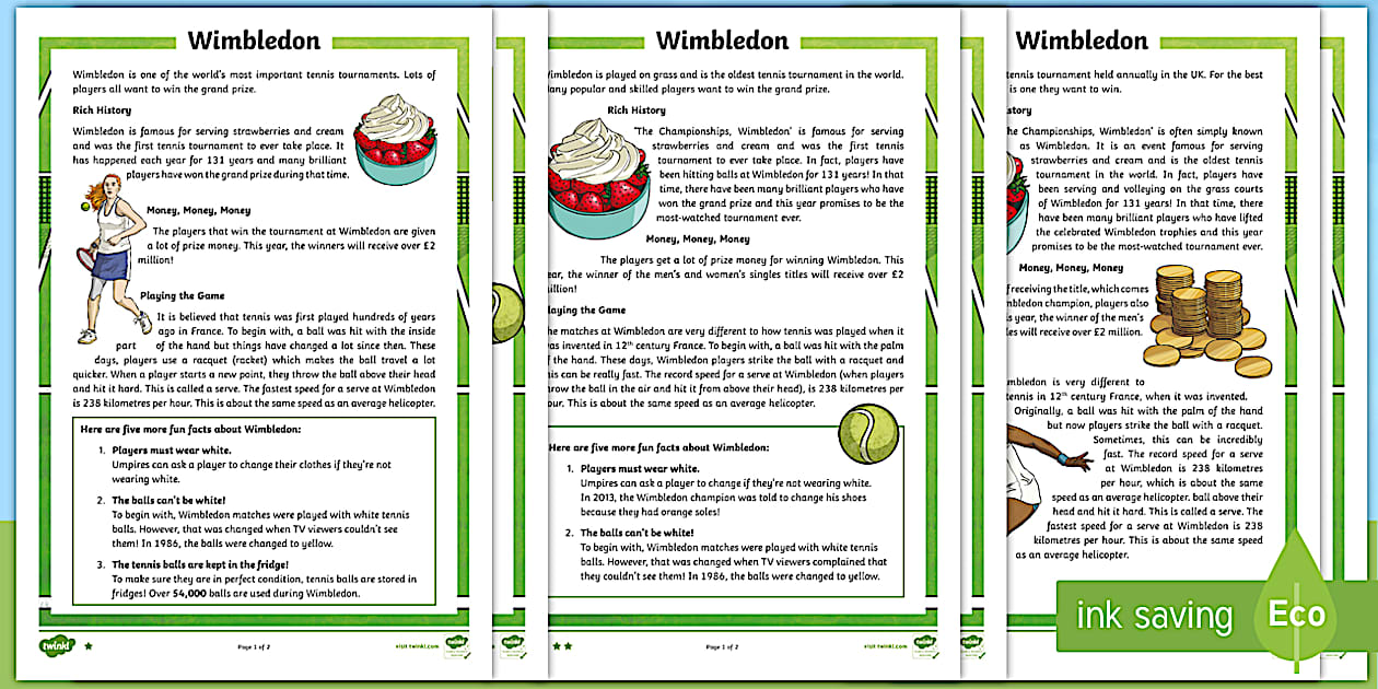 LKS2 Wimbledon Differentiated Reading Comprehension Activity