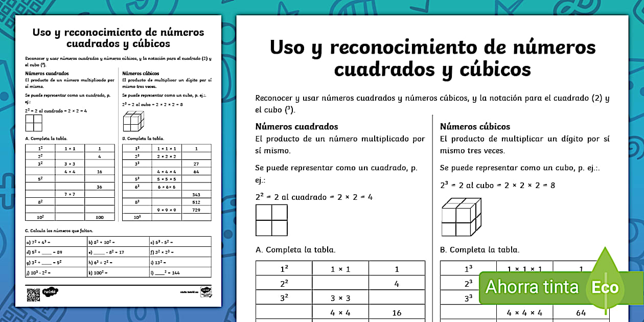 Ficha de actividad: Uso y reconocimiento de números cuadrados y cúbicos