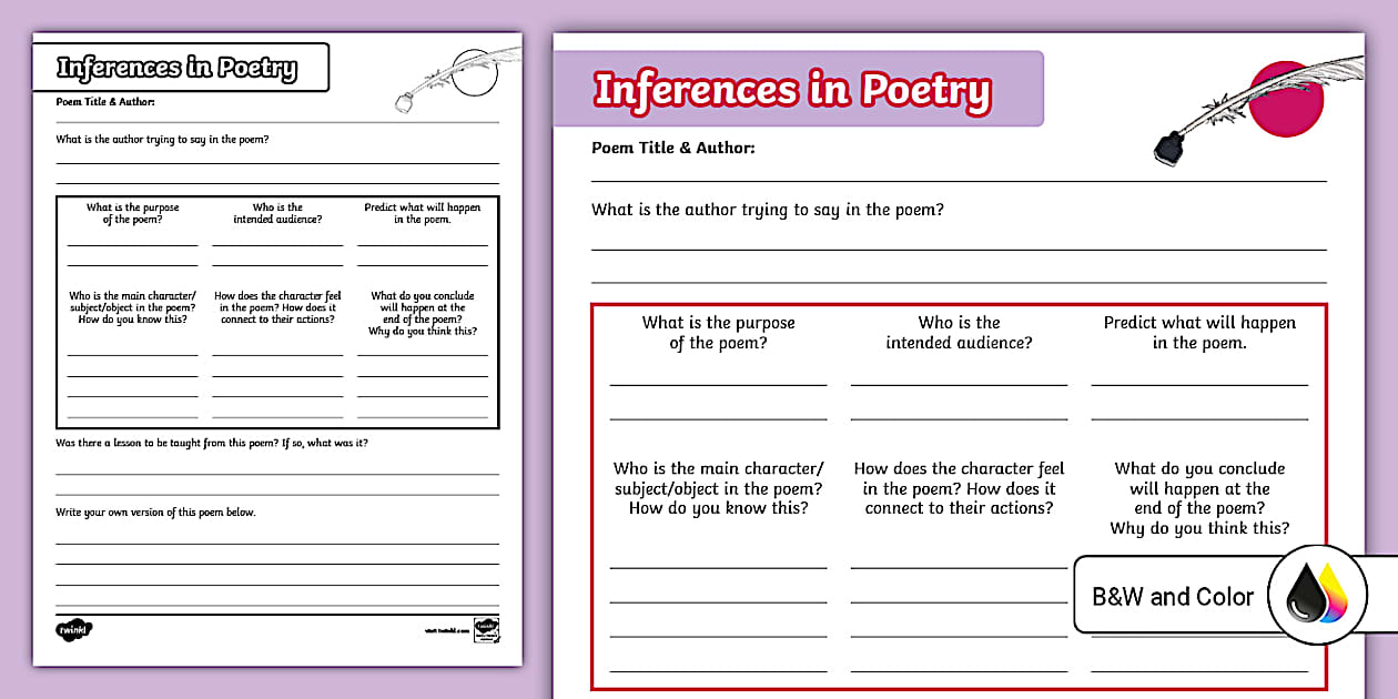 Inferences in Poetry Worksheet for 3rd-5th Grade - Twinkl