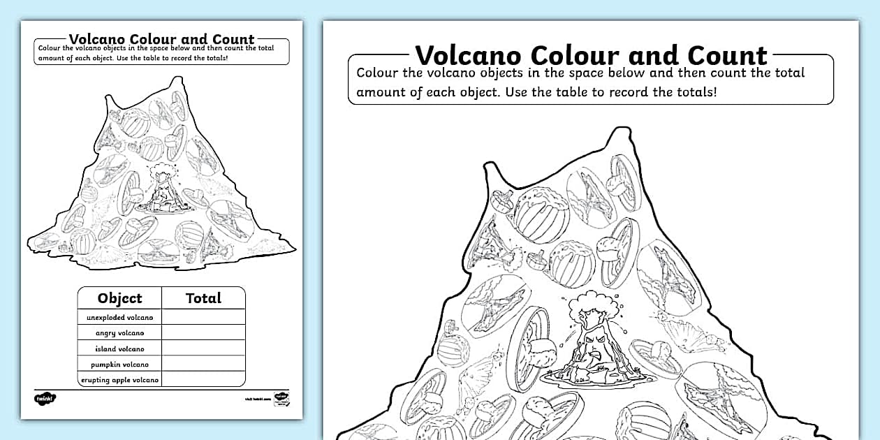 👉 Volcano Colour and Count Worksheet (teacher made)