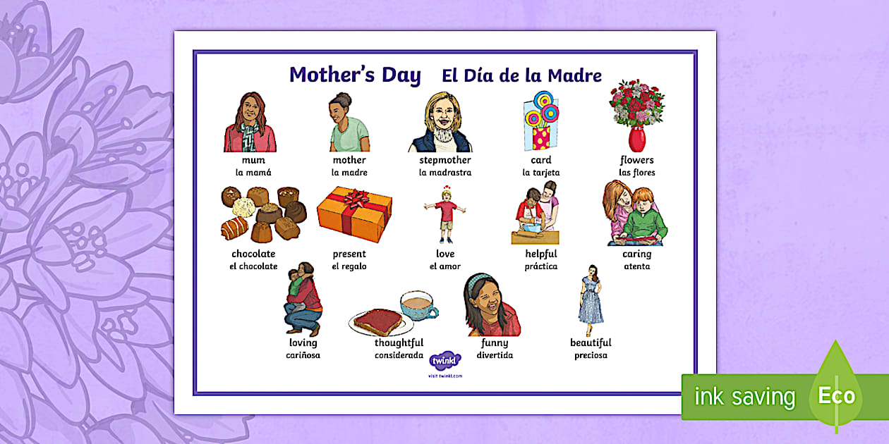 Mother's Day Illustrated Word Mat English/Spanish - Twinkl