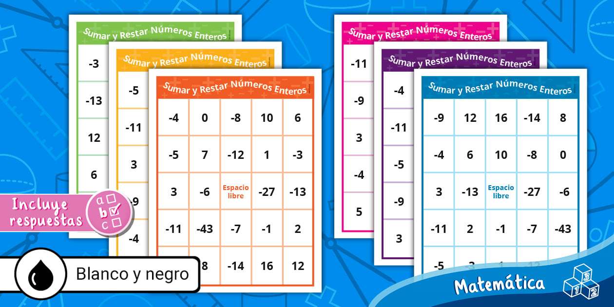 Bingo | Matemáticas | 7° básico | 8° básico | Enteros | Suma
