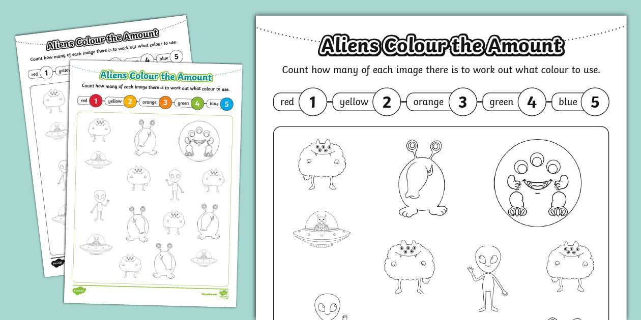 👉 Aliens Colour the Amount Worksheet (teacher made)