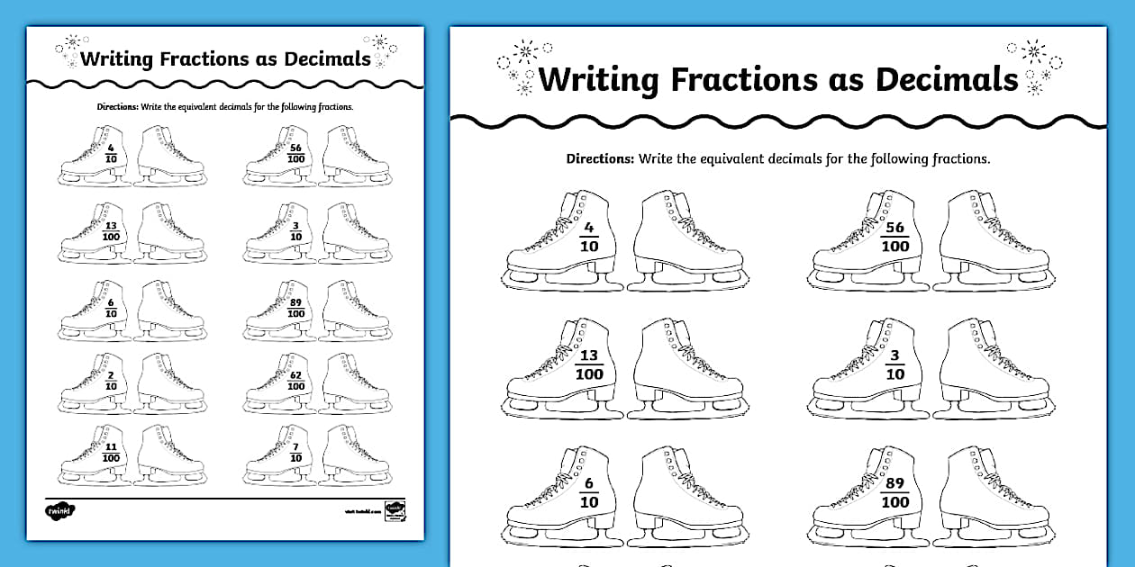 Fourth Grade Writing Fractions as Decimals Winter Worksheet