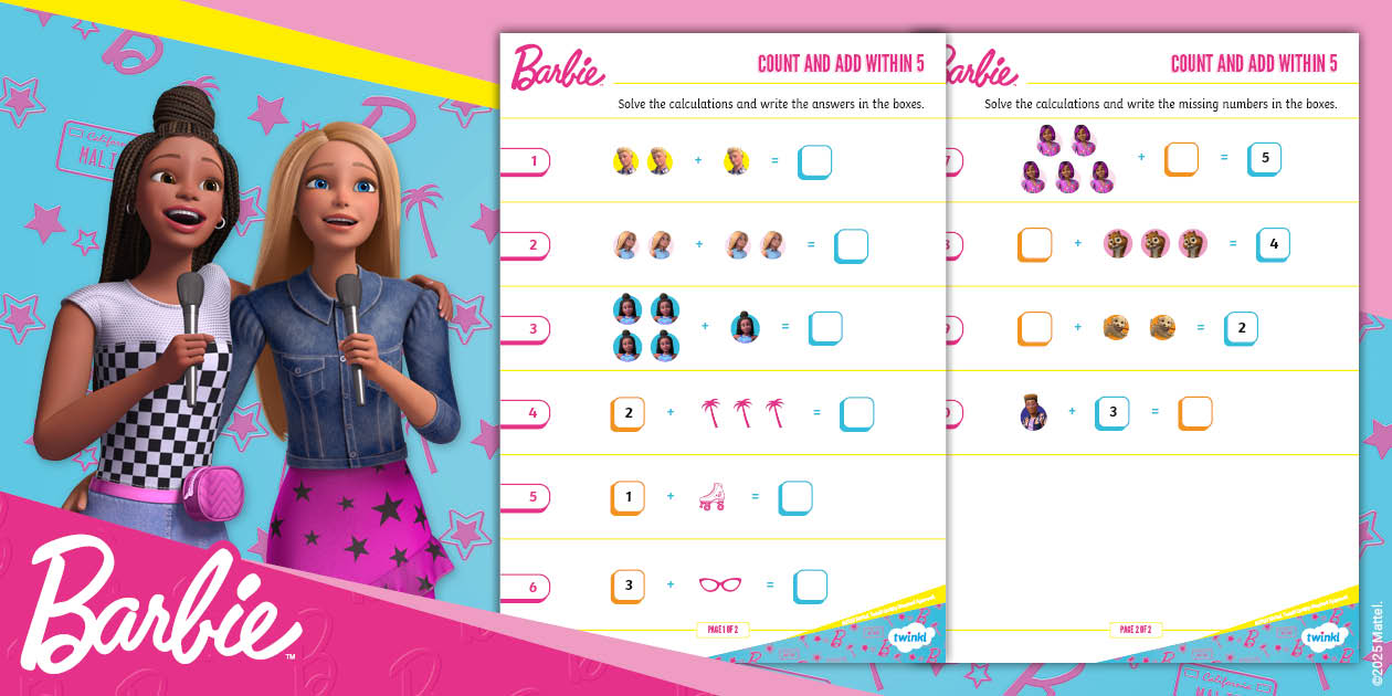 👉 Barbie: Count and Add Within 5 Activity Sheet