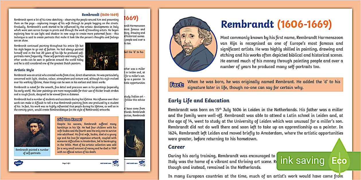 KS2 Rembrandt Fact File (teacher made) - Twinkl