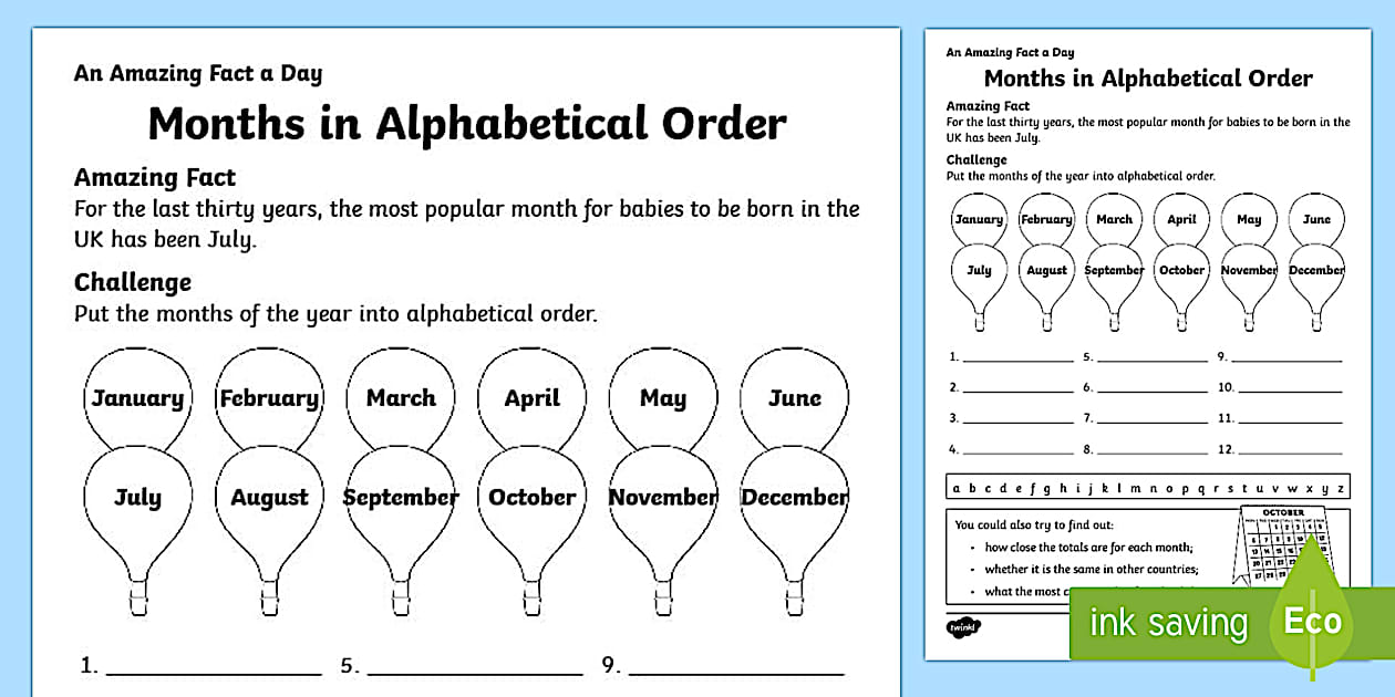 Editable Months in Alphabetical Order Worksheet - Twinkl