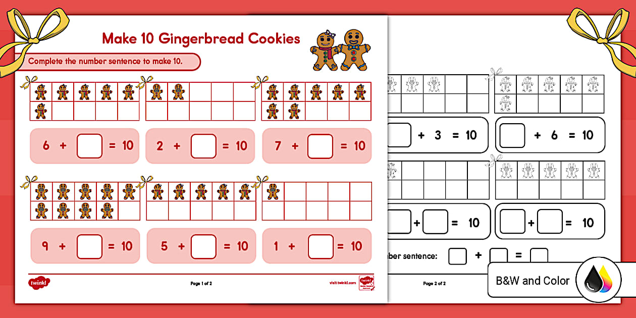 Number Bonds: Make 10 Gingerbread Cookies Worksheet - Twinkl