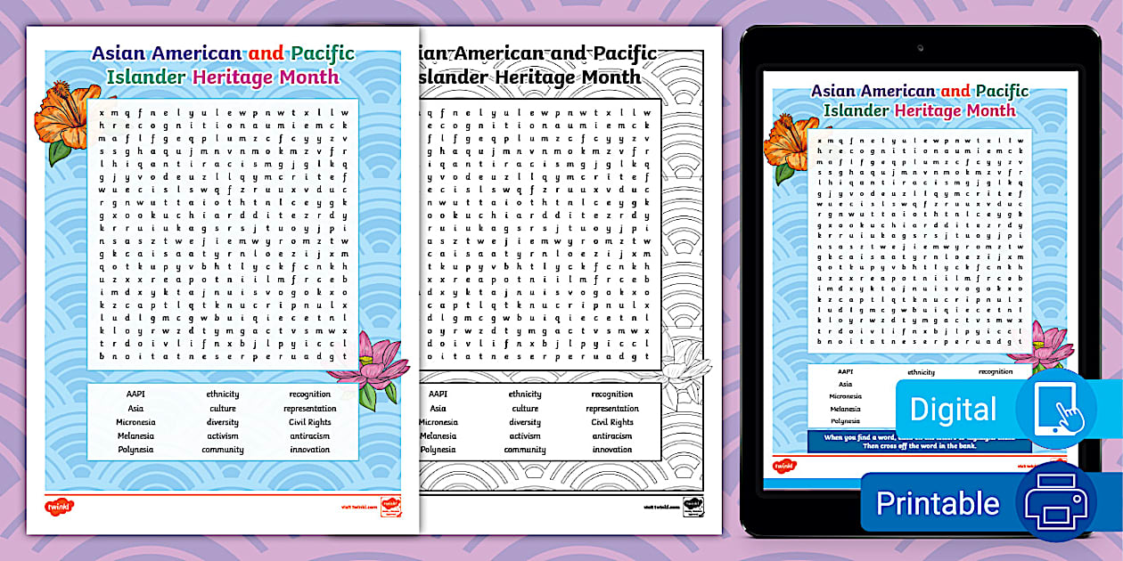 Asian American and Pacific Islander Heritage Month Word Search for 6th-8th