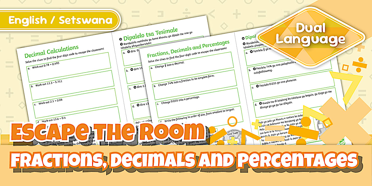 Grdae 4 Escape the Room: Fractions, Decimals and Percentages Exit Ticket