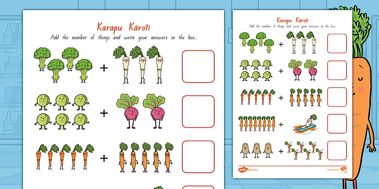 Black and White Carrot Club/Karapu Kāroti Addition to 10 Worksheet