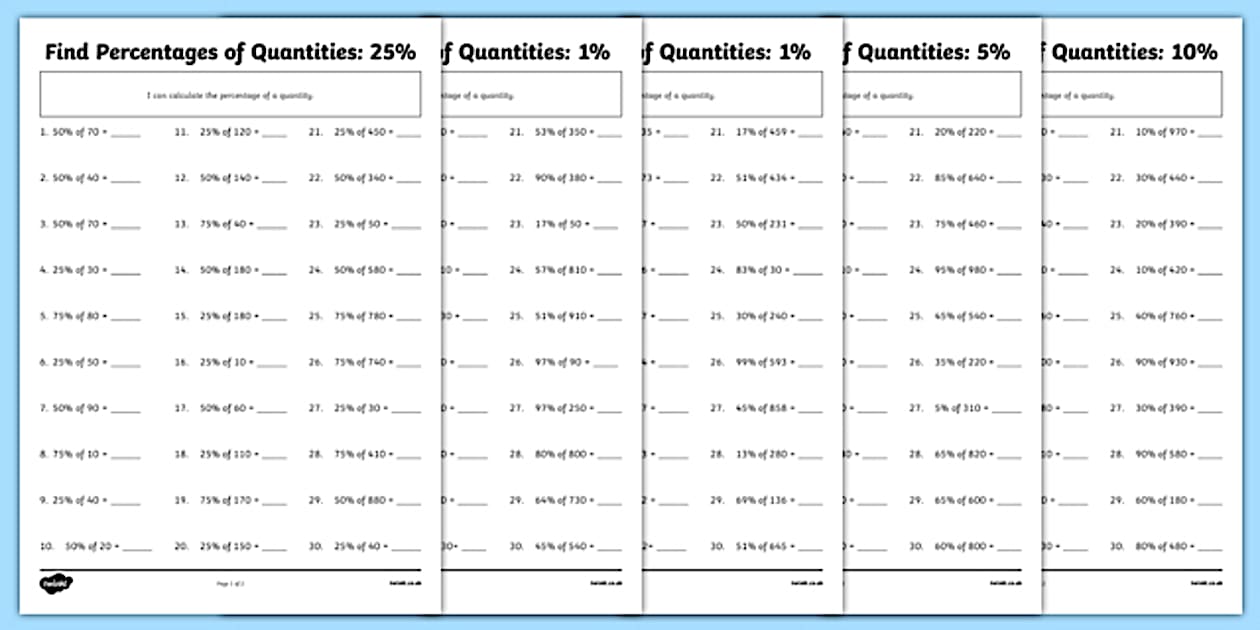 Percentage Worksheets Pack - Years 5-6 - Maths - Twinkl