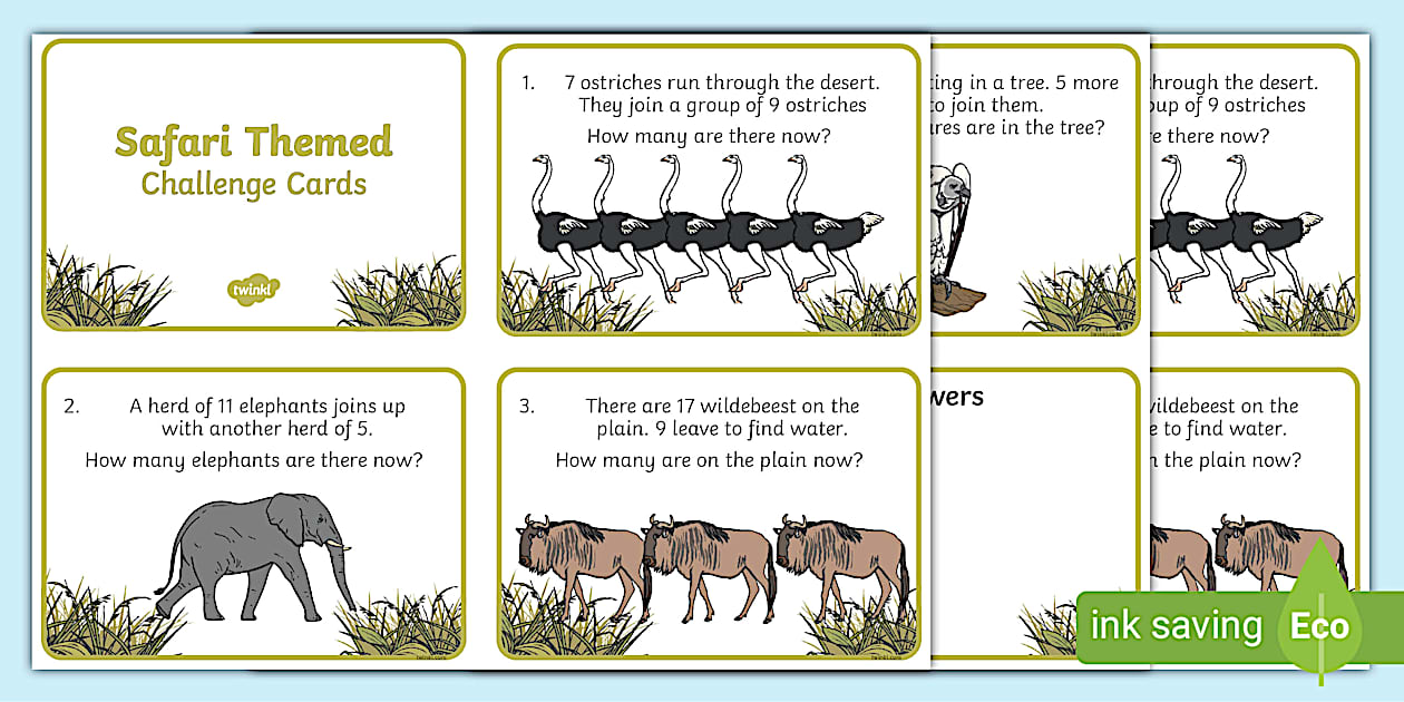 Safari Addition/ Subtraction Word Problems Challenge Cards