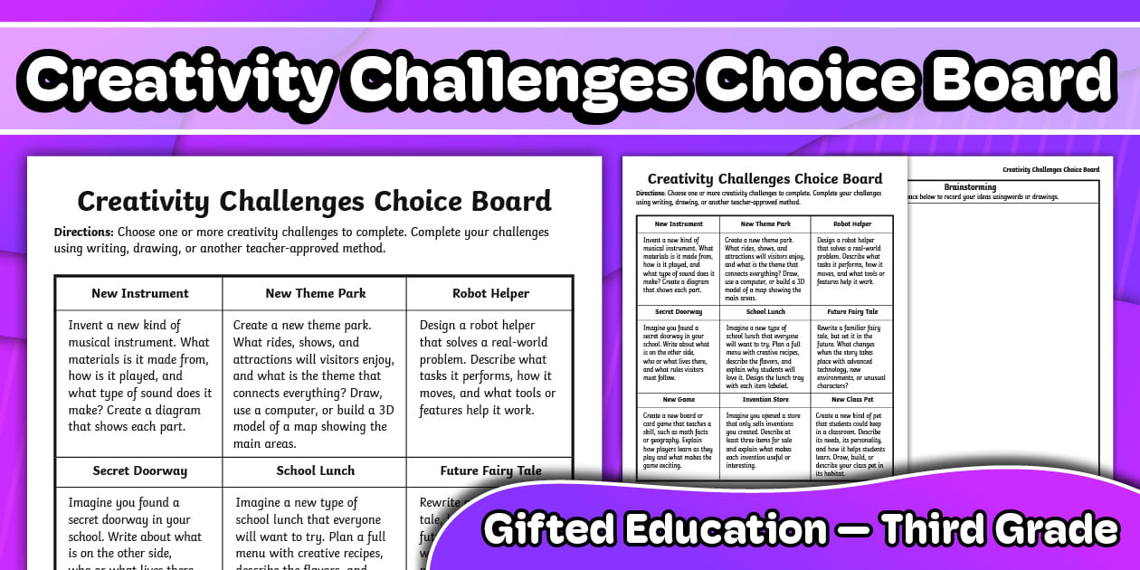 Creativity Challenges Choice Board for Gifted Education