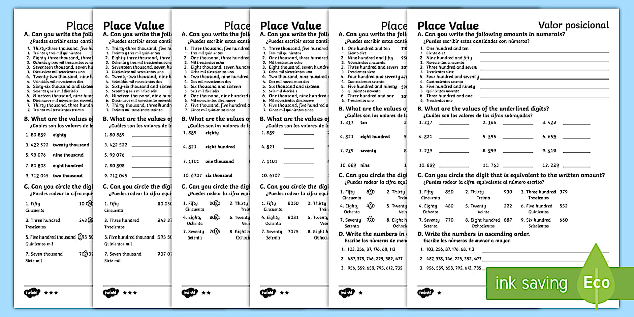 Lower Ability Place Value Differentiated Worksheets English/Spanish
