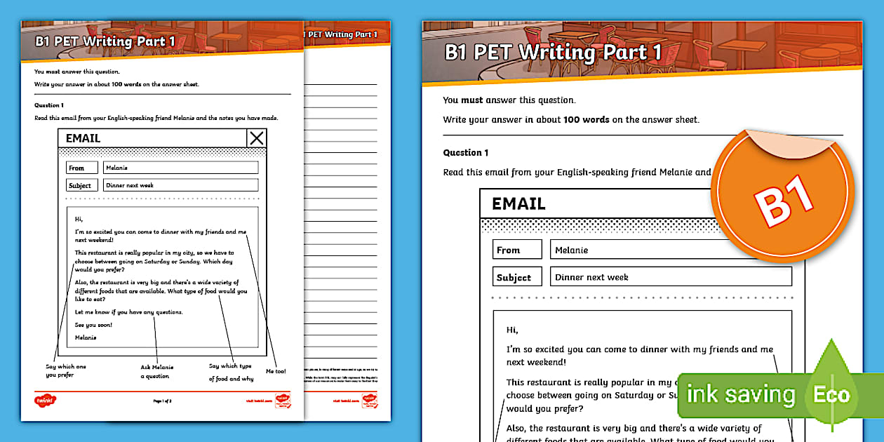 ESL B1 PET Writing Part 1 Worksheet (Restaurant) - Twinkl
