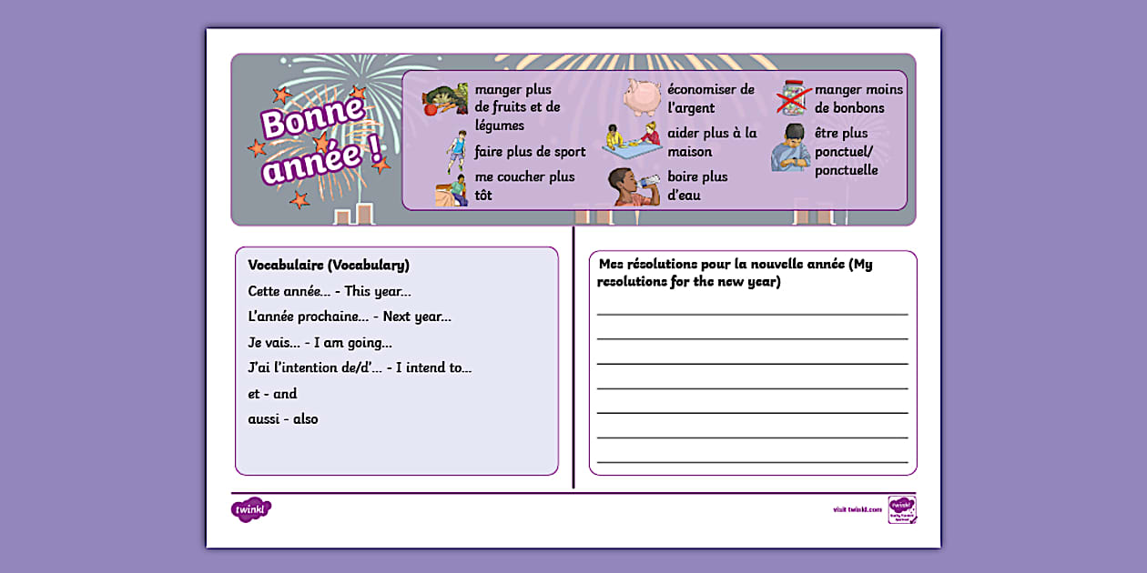 👉 French: New Year Resolutions Writing Activity Sheet - Twinkl