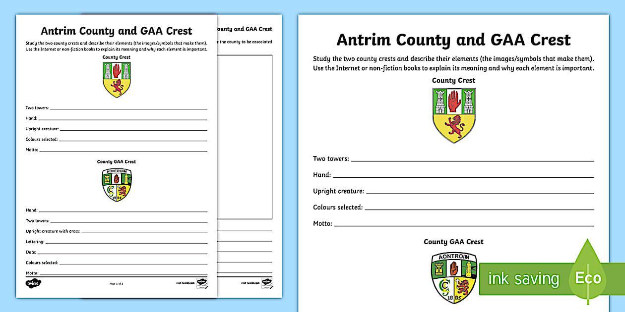 Antrim County and GAA Crest Worksheet / Worksheet - Twinkl