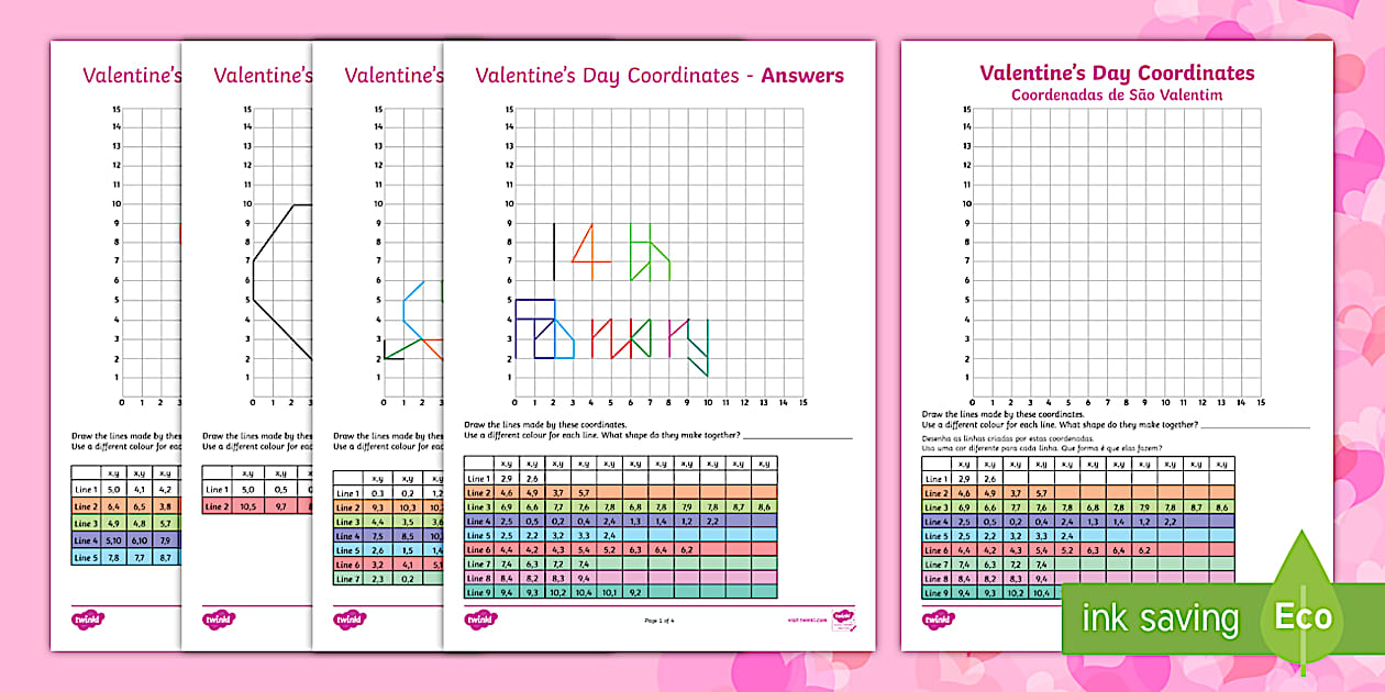 LKS2 Valentines Day Coordinates Worksheets English/Portuguese