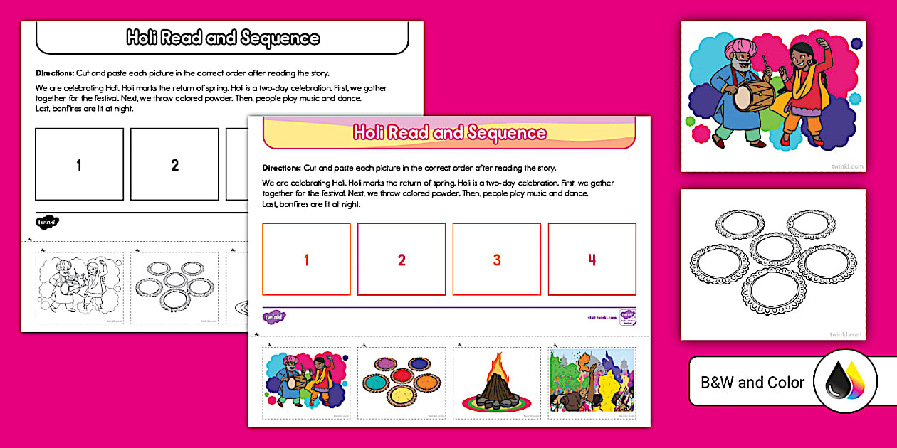 Holi Read and Sequence Worksheet (teacher made) - Twinkl