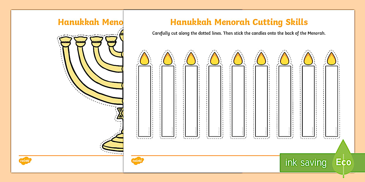 Black and White Hanukkah Menorah Cutting Skills Worksheet