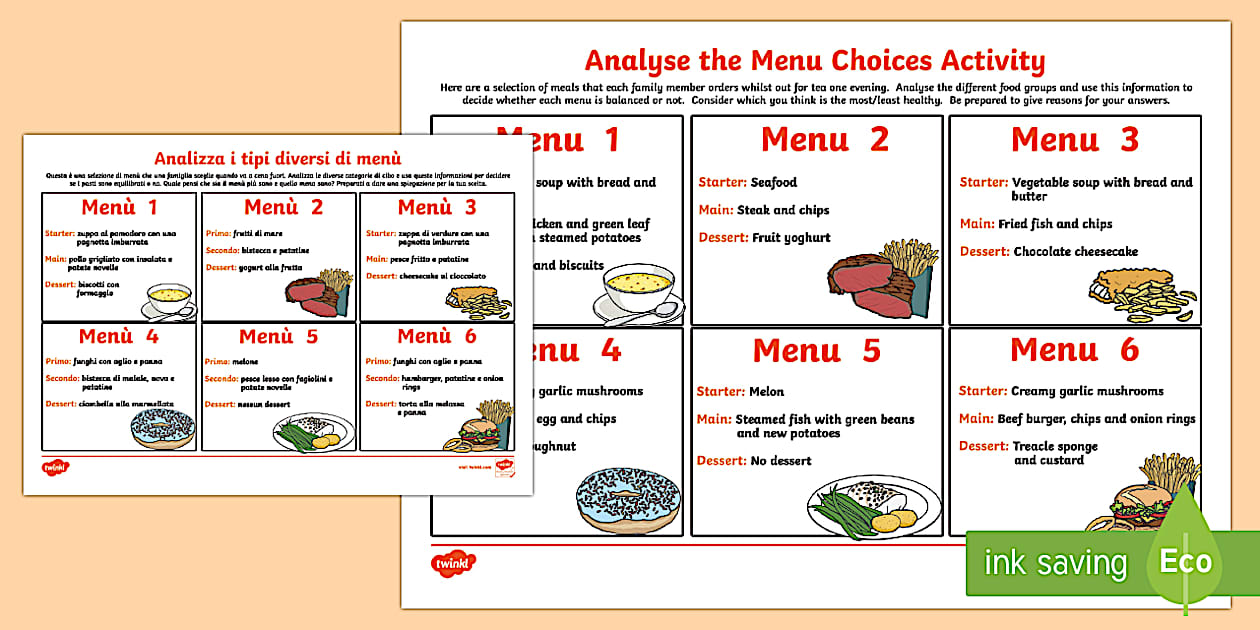 Healthy Eating Analysing Menu Choices Activity English/Italian - Healthy