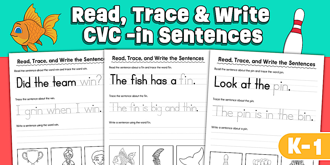 Read, Trace, and Write CVC -in Word Family Worksheets