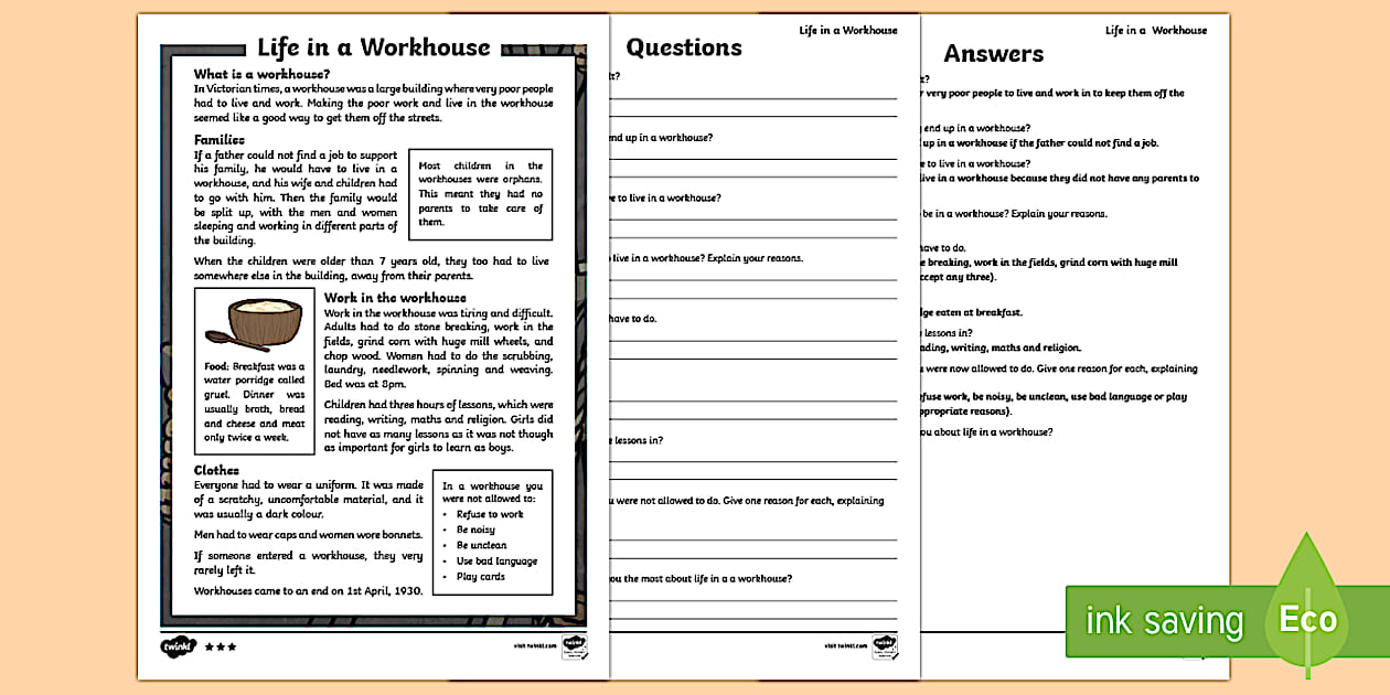 KS1 Workhouses Differentiated Reading Comprehension Activity