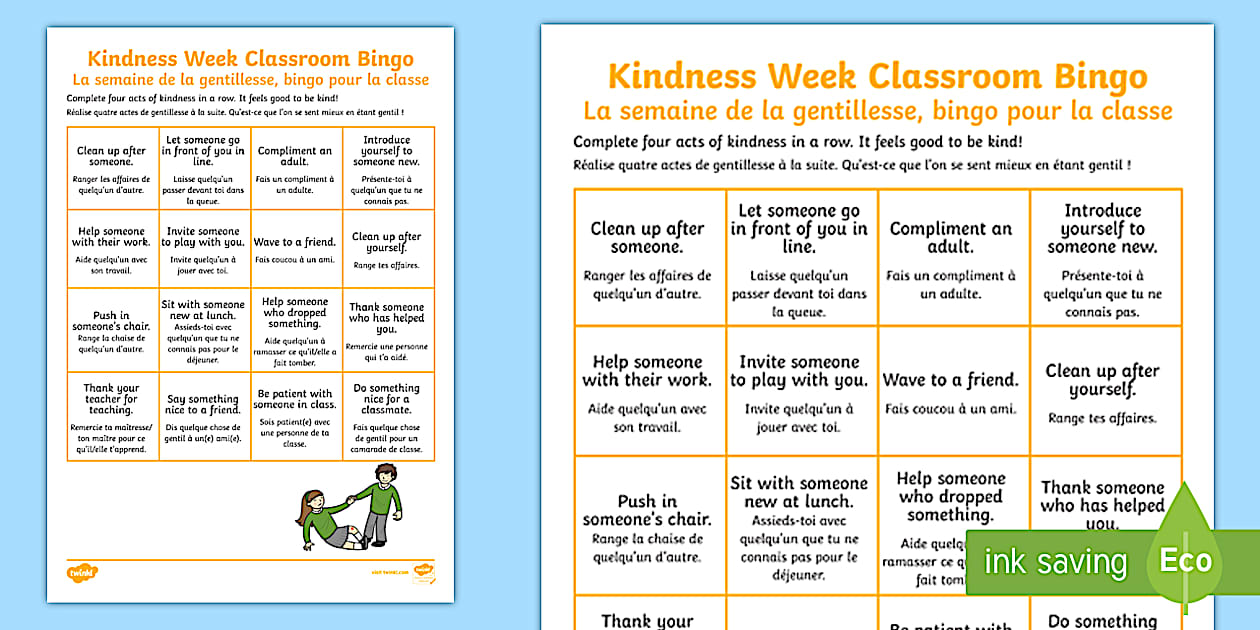 Kindness Week Classroom Bingo Activity English/French