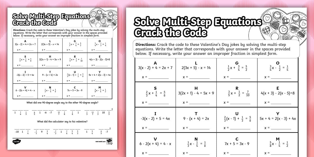 8th Gr Solve Multi-Step Equations Crack the Code - Twinkl
