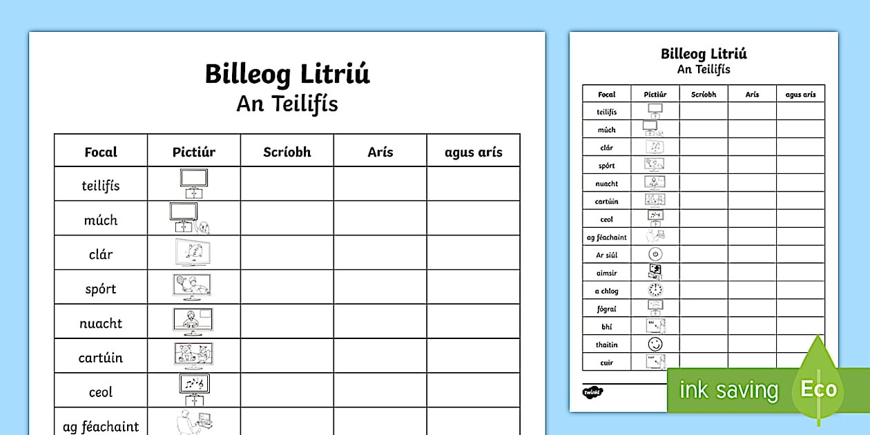 Television Spelling Sheet Worksheet Gaeilge (teacher made)