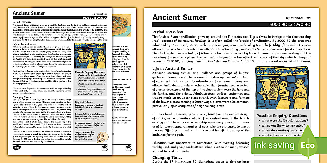 Ancient Sumer History Fact Sheet for Adults (teacher made)