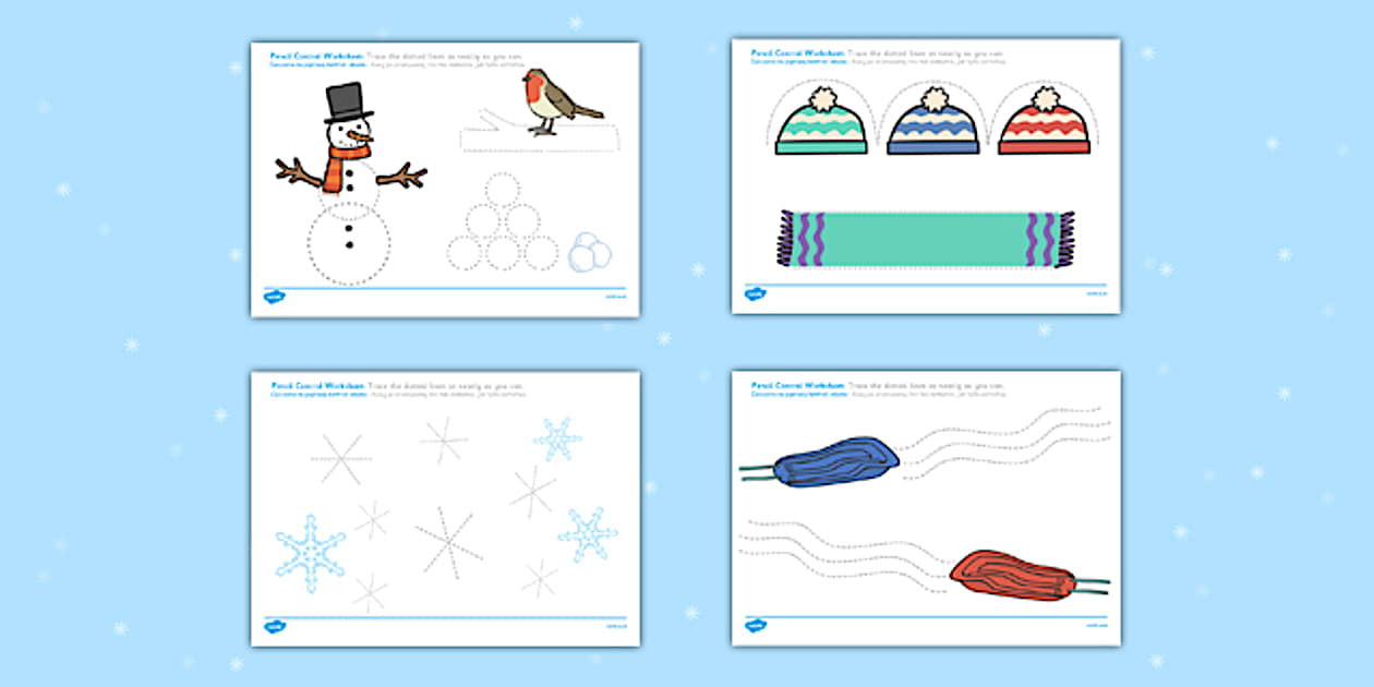 Winter Pencil Control Worksheets Polish Translation - Twinkl